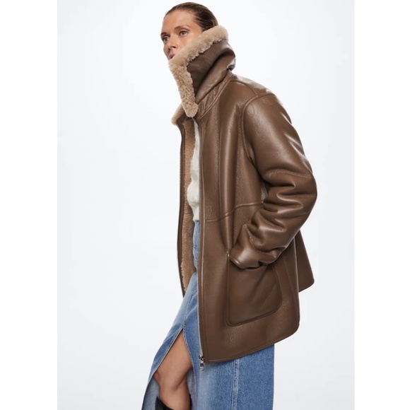 Mango | Jackets & Coats | Nwt Mango Oversized Brown Leather Shearling ...